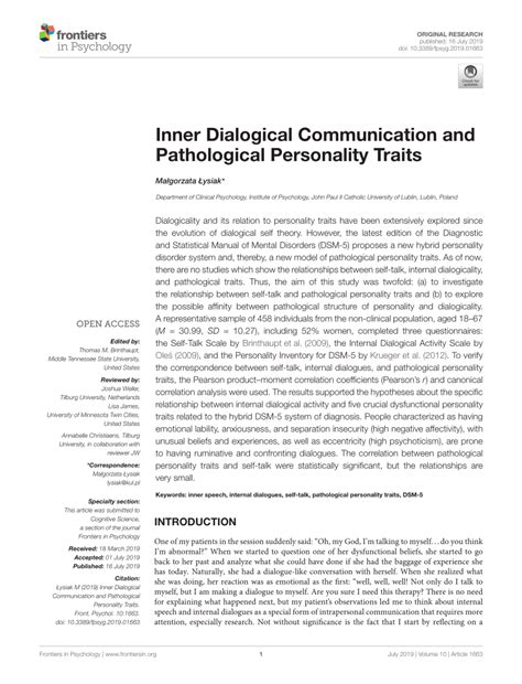 Pdf Inner Dialogical Communication And Pathological Personality Traits