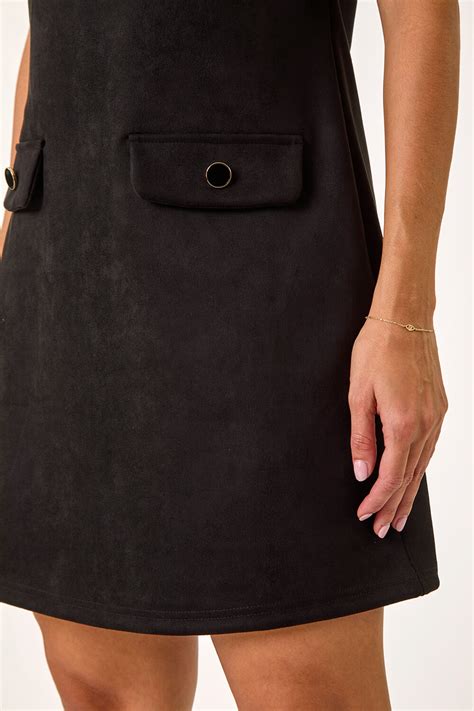 black suedette button shift stretch dress roman uk