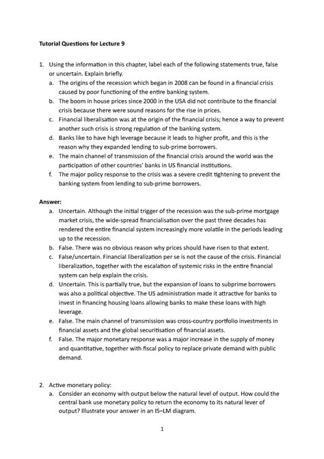 tutorial questions for lecture 9 suggested answers tutorial
