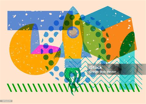 Risograph Rocketship With Geometric Shapes Objects In Trendy Riso Graph