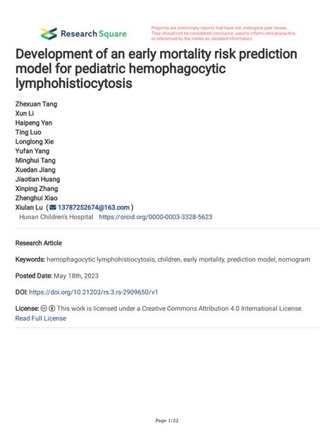 Pdf Development Of An Early Mortality Risk Prediction Model For Pediatric Hemophagocytic
