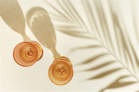 햇빛에서 야자 수 잎 그림자창백한 분홍색 유리에서 화이트 와인 두 잔 창조적 인 여름 음료 최소한의 개념 복숭아 색상 배경에 현대적인 유리 복사 공간 단일 이미지에 대한