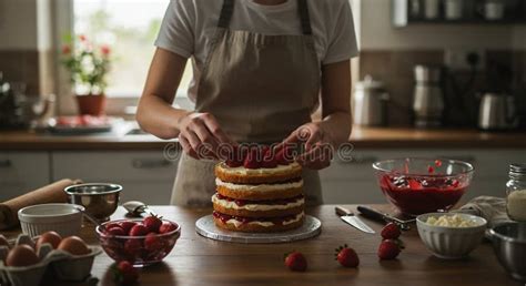 A Person Is Assembling A Layer Cake In A Kitchen They Are Adding Fresh Stock Illustration