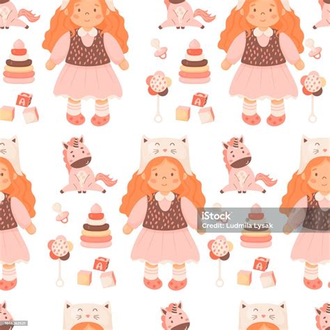 아이들 장난감 원활한 패턴 빨간 머리에 곱슬곱슬한 귀여운 인형 소녀 유니콘 딸랑이 젖꼭지 큐브 피라미드가 하얀 배경에 있다 만화 스타일의 벡터 그림입니다 키즈 컬렉션 곱슬