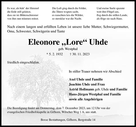Traueranzeigen Von Eleonore Uhde Trauer Anzeigen De