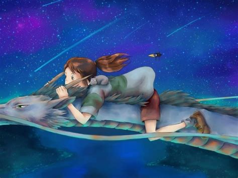 Девочка верхом на драконе в аниме Унесённые призраками обои для рабочего стола картинки фото