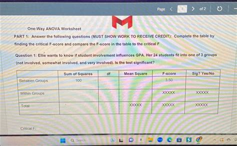 solved one way anova worksheet part 1 answer the following