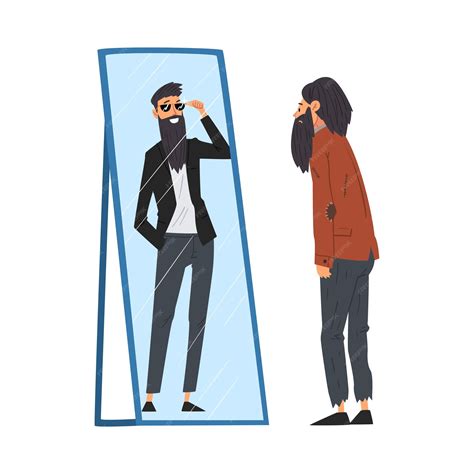 Premium Vector Hipster Man Standing In Front Of Mirror Looking At His Reflection And Imagine