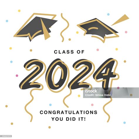 2024년 졸업반 축하합니다 손으로 쓴 타이포그래피 라인 디자인 검은 모자 골드 흰색 고립된 배경에 다채로운 색종이 12월에