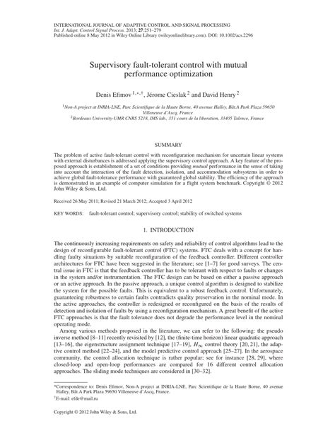 Pdf Supervisory Fault Tolerant Control With Mutual Performance