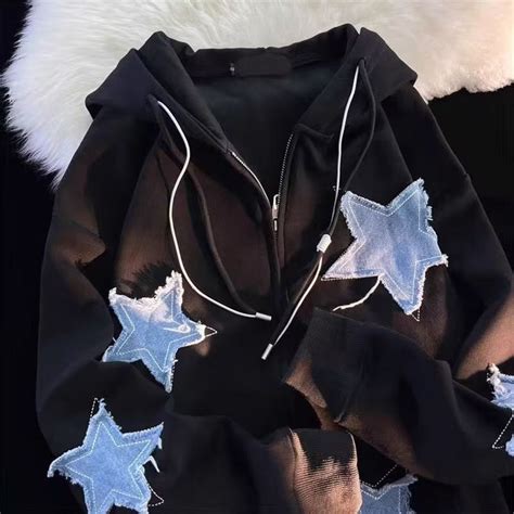 Kkboxly Y2k Star Print Zip Up Hoodie Long Sleeve Oversized Sweatshirt