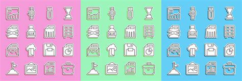 세트 라인 서류 가방 그래프 차트문서 아카이브 서류 서랍 Usb 플래시 드라이브 접착제 파일 문서 삭제 그래프 인포그래픽 및 종이 분쇄기 아이콘 벡터 Usb 케이블에 대한