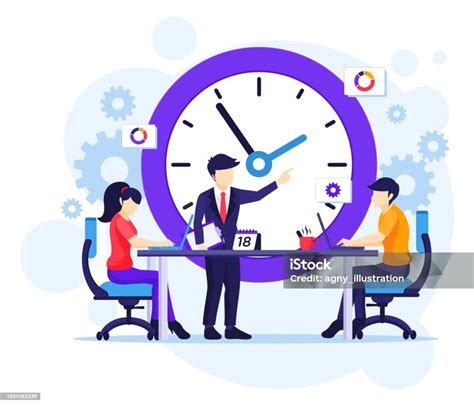 시간 관리 개념 작업 일정 평면 벡터 일러스트를 계획하는 회의에 참석한 사람들 개념에 대한 스톡 벡터 아트 및 기타 이미지