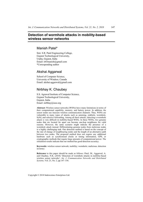 Pdf Detection Of Wormhole Attacks In Mobility Based Wireless Sensor Networks