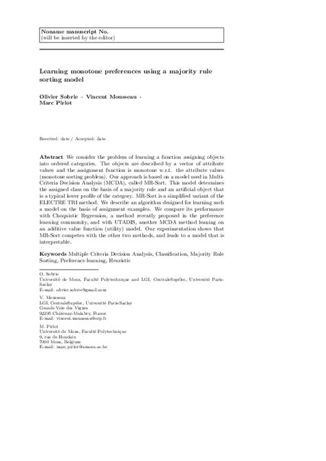Pdf Learning Monotone Preferences Using A Majority Rule Sorting Model