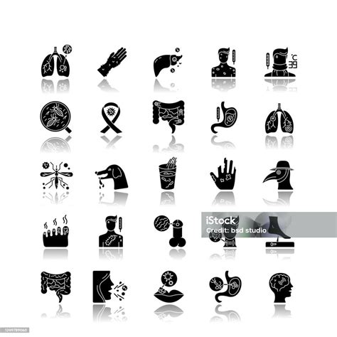 전염병은 그림자 검은 글리프 아이콘 세트를 드롭합니다 다른 전염병 감염 전염성 바이러스 성 질병 공백에 대한 다양한 세균성 병원균 격리 벡터 일러스트레이션 0명에 대한 스톡