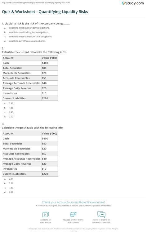 Quiz And Worksheet Quantifying Liquidity Risks Worksheets Library