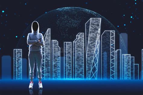 Hacker With Folded Arms Standing On Digital Tech City Background Digital Landscape Stock Image