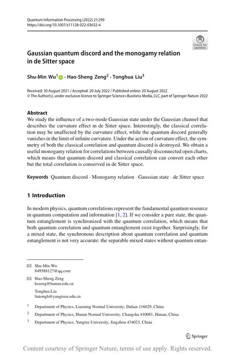 Gaussian Quantum Discord And The Monogamy Relation In De Sitter Space Request Pdf