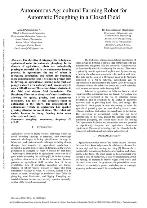 PDF Autonomous Agricultural Farming Robot For Automatic Ploughing In A Closed Field