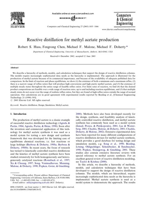 Reactive Distillation For Methyl Acetate Production Pdf
