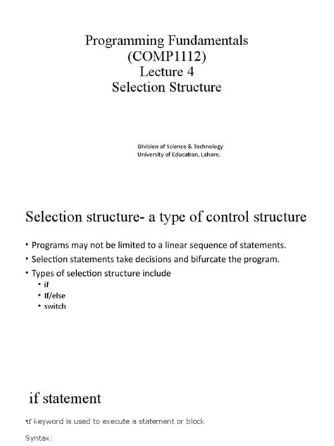 Programming Fundamentals (COMP1112) Selection Structure | PDF | Control ...