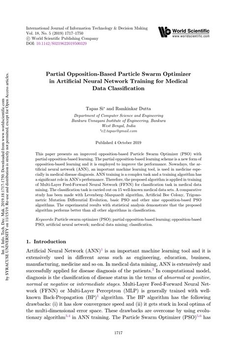Pdf Partial Opposition Based Particle Swarm Optimizer In Artificial Neural Network Training