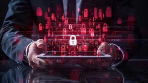 Businessman Is Using A Tablet That Displays A Holographic Projection Of Cybersecurity Lock Icons