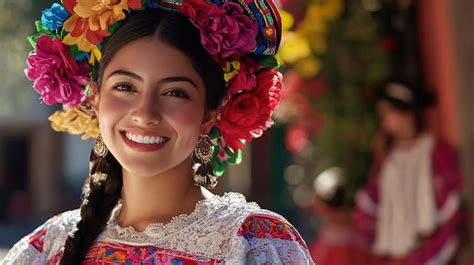 Smiling Mexican Woman In Traditional Dress Authentic Culture And