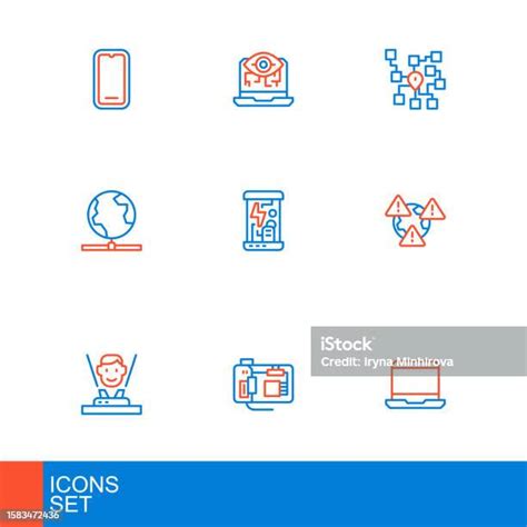 라인 노트북 마더보드 홀로그램 느낌표가 있는 지구 글로벌 기술 극저온 캡슐 신경망 및 컴퓨터 비전 아이콘을 설정합니다 벡터 건강 진단에 대한 스톡 벡터 아트 및 기타 이미지