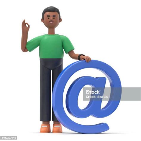 이메일 기호로 서있는 웃는 아프리카 계 미국인 남자 데이비드의 3d 그림 비즈니스 및 연락처 개념 흰색 배경에 3d 렌더링 3