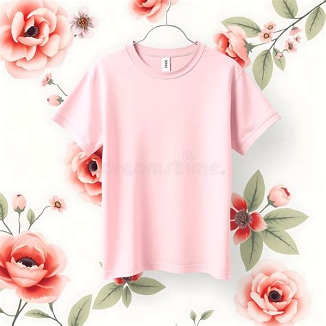 A Light Pink T Shirt Mockup Floating In Front Of A Floral Design