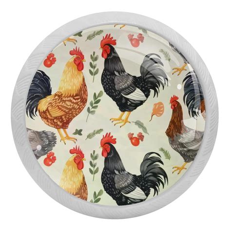Phooarto Roosters Hens Chicken Pattern 4 Pcs Crystal Glass Cabinet Knobs Drawer Kitchen