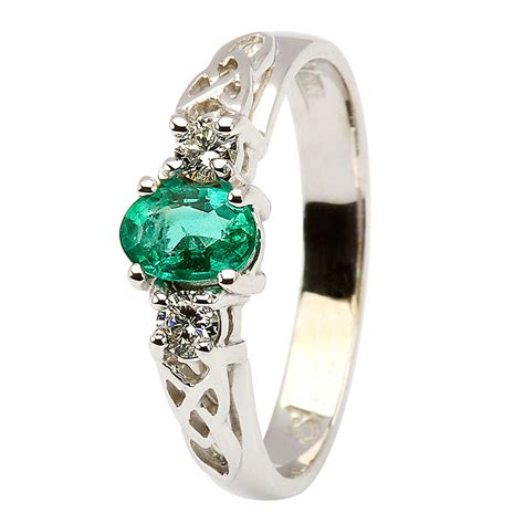14k White Gold Oval Emerald And Diamond Celtic Trinity Engagement Ring