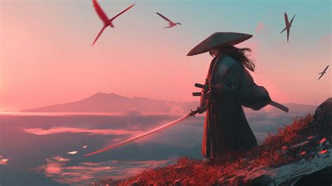 Samurai Sunset And Birds Desktop Wallpaper Samurai Wallpaper 4k
