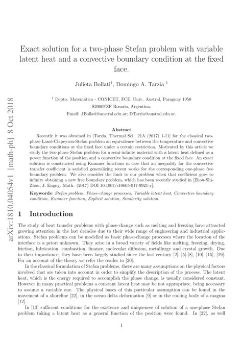Pdf Exact Solution For A Two Phase Stefan Problem With Variable Latent Heat And A Convective