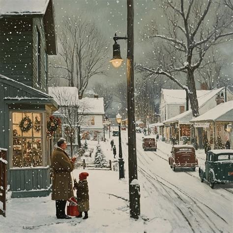 Vintage Snowy Village Street Cozy Holiday Scene Art Vintage Winter