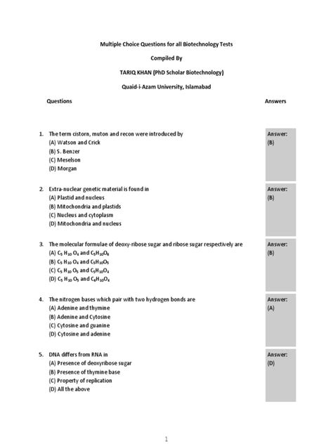 Biotech Mcqs Pdf Dna Rna