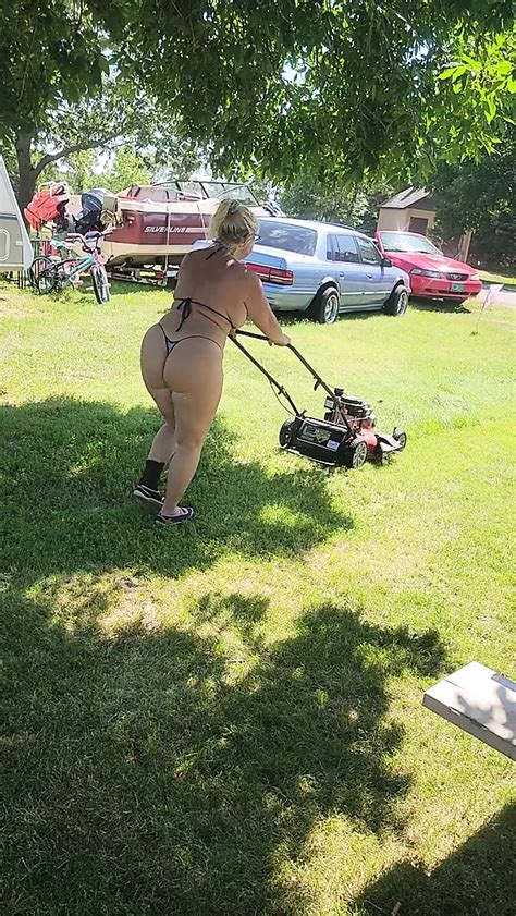 got back to find wife mowing in a thong bikini her ass and thighs