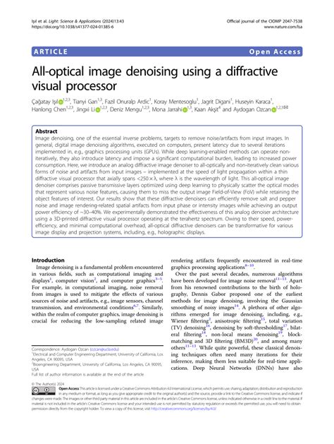 Pdf All Optical Image Denoising Using A Diffractive Visual Processor