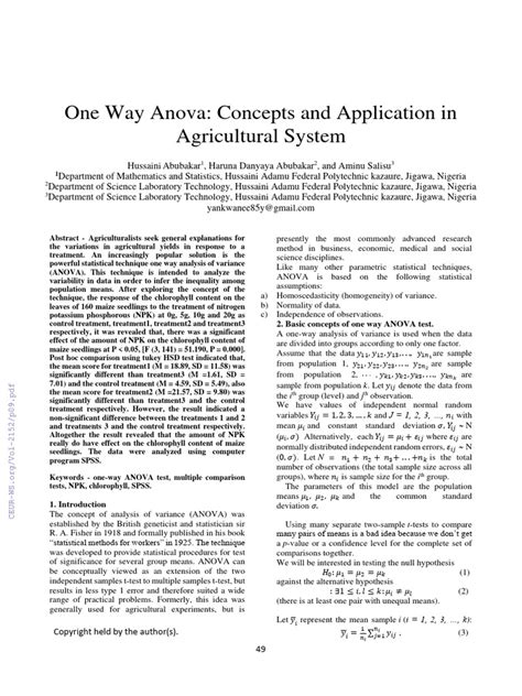 Abubakar Et Al 2012 One Way Anova Concepts And Application In