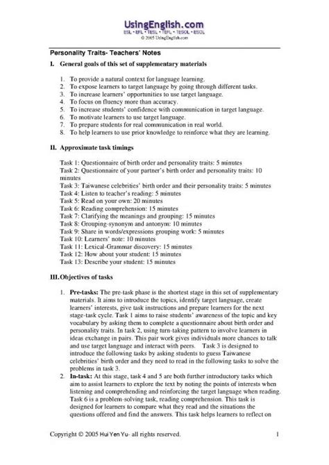 Personality Pdf 97374 Personality Traits Teachers Notes