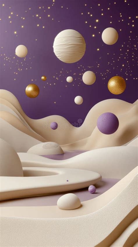 Abstract Landscape With Floating Spheres In A Dreamy Purple Background