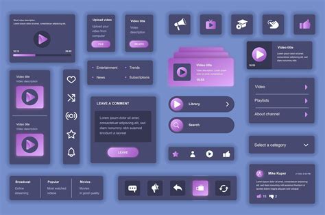 User interface elements set for tube mobile app or web. Kit template with HUD, player navigation ...