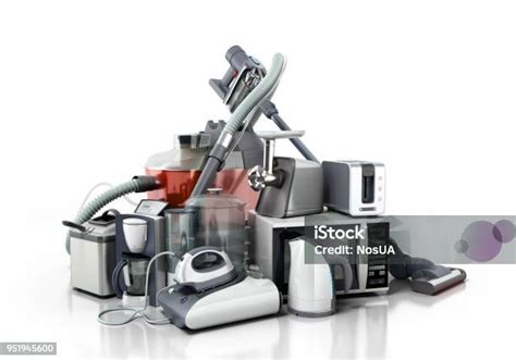 가전 제품 진공 청소기 전자 렌지 철 커피 메이커 스팀 주전자 토스터기 고기 분쇄기 흰색 절연의 그룹 홈 3d 배경 0명에 대한 스톡 사진 및 기타 이미지 Istock