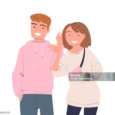 행복하다 남자와 여자 캐릭터 흔들리는 손 와 미소 짓는 벡터 일러스트 감정에 대한 스톡 벡터 아트 및 기타 이미지 감정