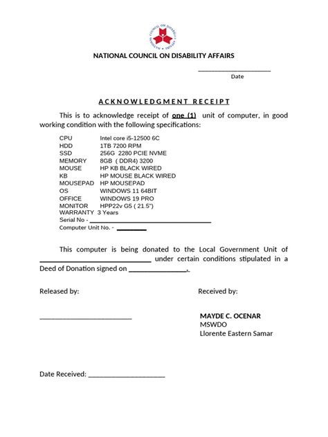 23 09 11 Acknowledgment Receipt Computer Donation Hp V2 Pdf