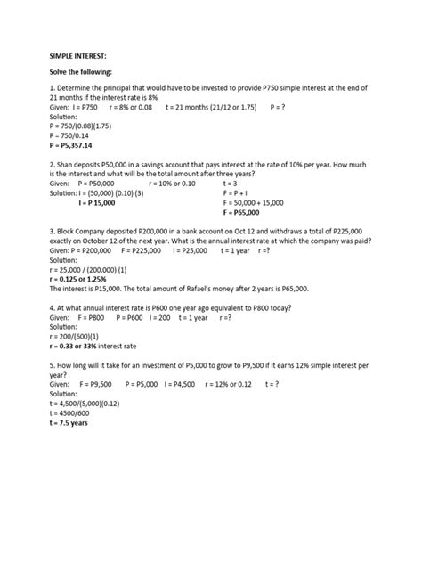 Simple Interest And Simple Discount Exercises Solution Pdf
