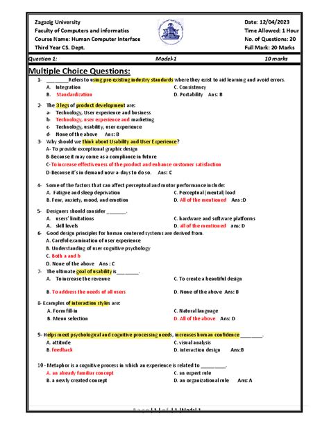 Hci Midterm 1 With Answers P A G E 1 O F 1 Model Zagazig University Faculty Of