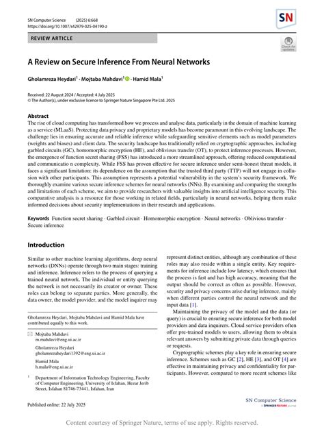 A Review On Secure Inference From Neural Networks